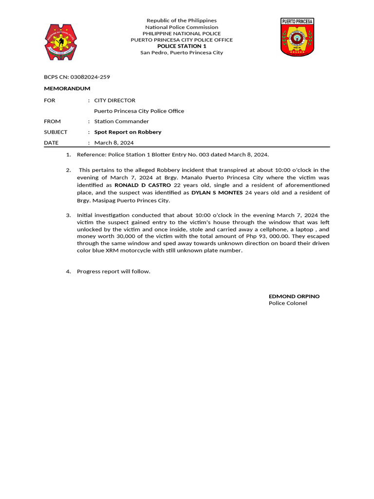 Case Folder Spot Report On Robbery Incident | PDF | Law Enforcement | Crime & Violence