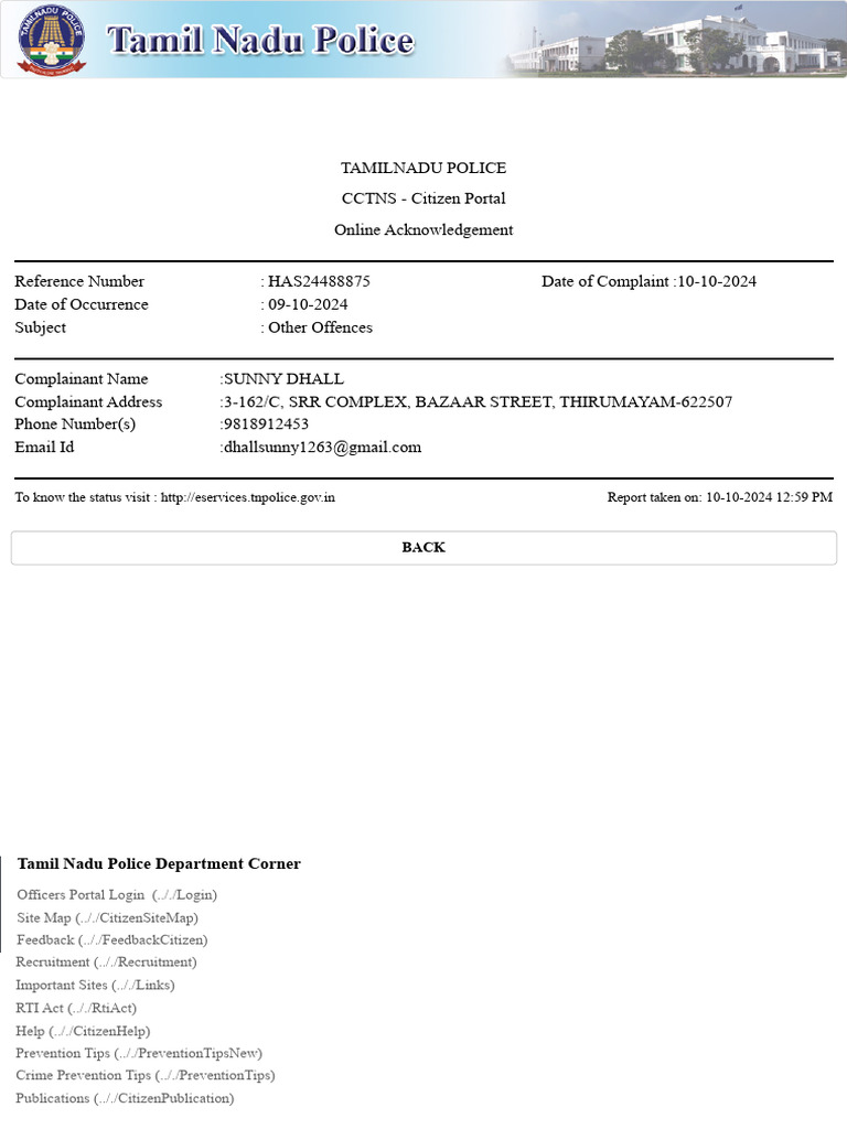 To Know The Status Visit: Http://eservices - Tnpolice.gov - in Report ...
