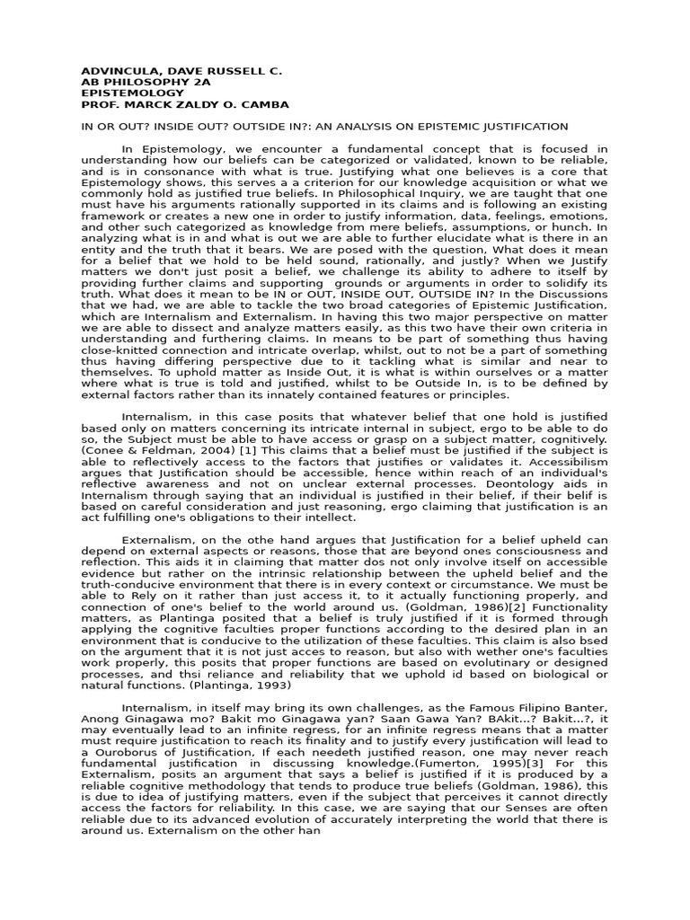 Epistemic Justification Essay | PDF | Epistemology | Internalism And ...
