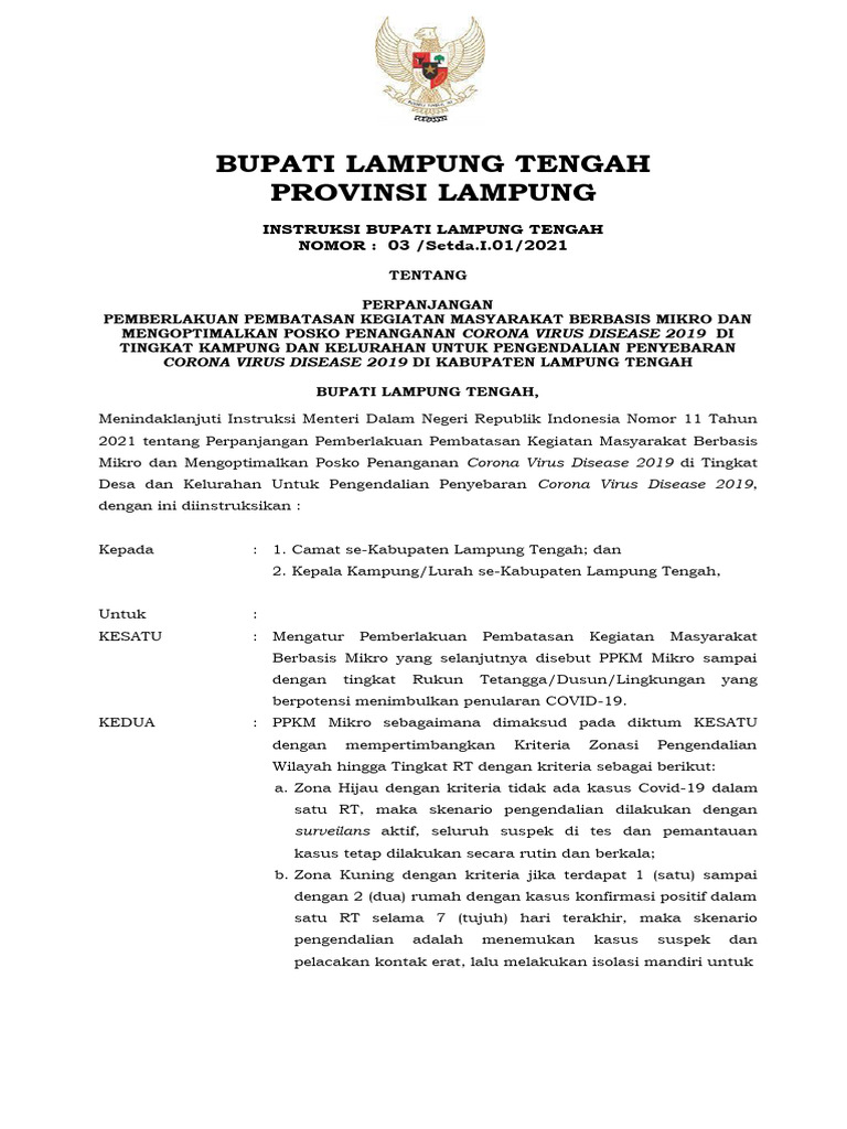 Instruksi Bupati Lampung Tengah No 03 Tahun 2021 Tentang Perpanjangan PPKM 2021 | PDF
