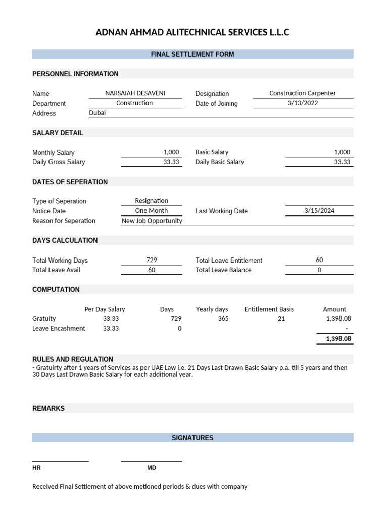 Final-Settlement-Form | PDF | Salary | Private Law