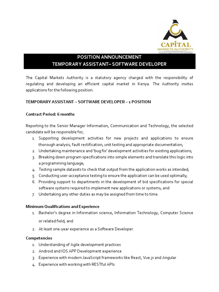 Advertisement Temporary Assistant Software Developer Nov 2024 | PDF ...