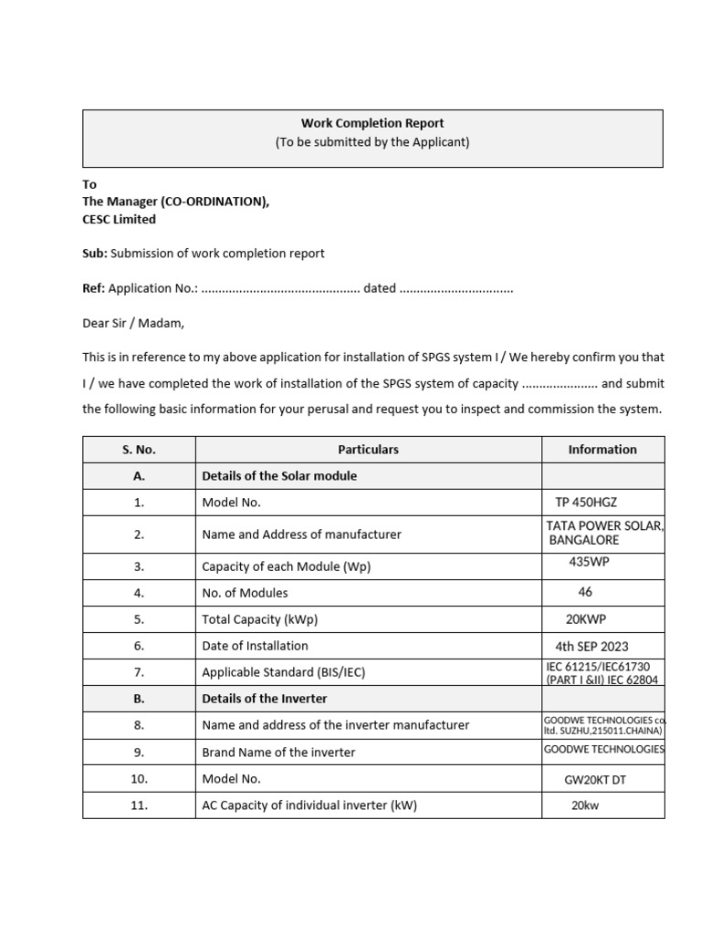 Solar Project Work Completion Report | PDF | Equipment | Power Engineering