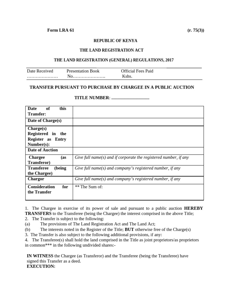 Kenya Land Transfer Auction Form | PDF | Signature | Government