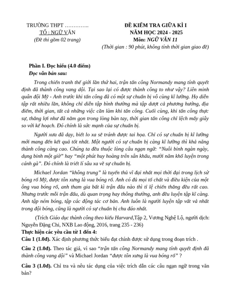 ĐỀ KIỂM TRA GIỮA HKI NGỮ VĂN 11 | PDF