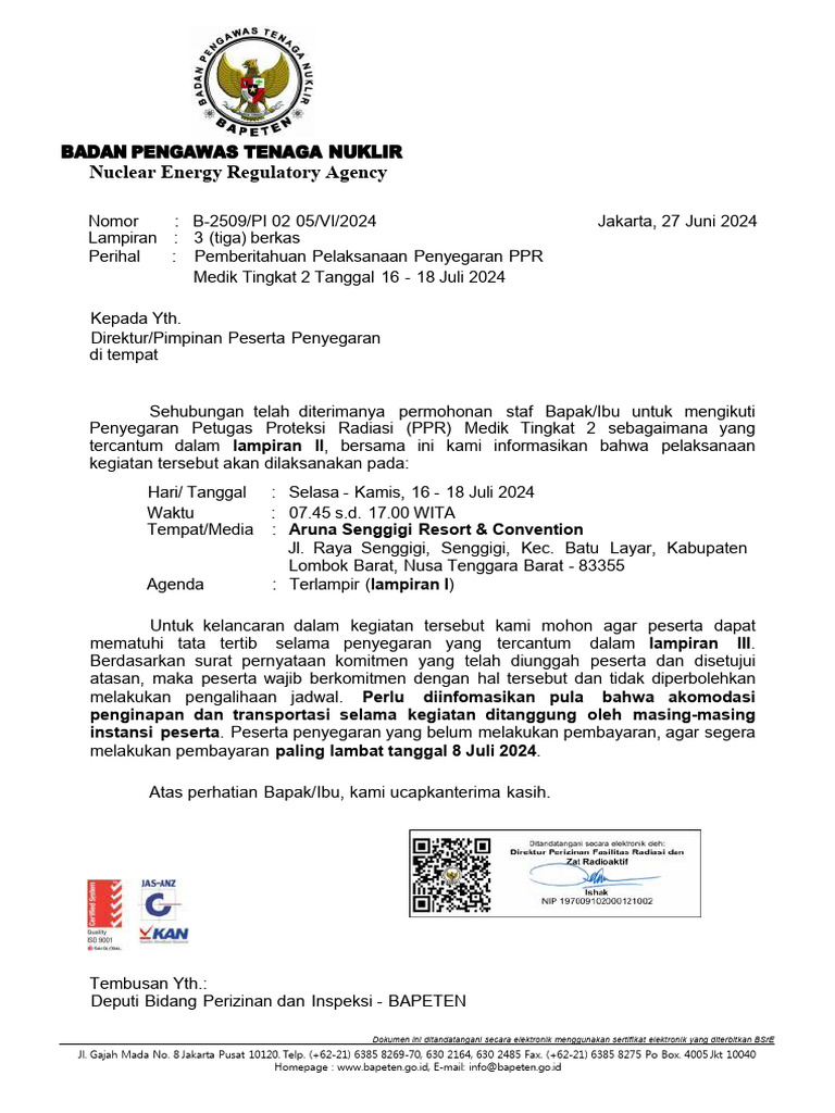 Surat Pemberitahuan Penyegaran PPR Medik TK 2 Di Lombpk 16-18 Juli 2024 Ke Peserta - REV | PDF