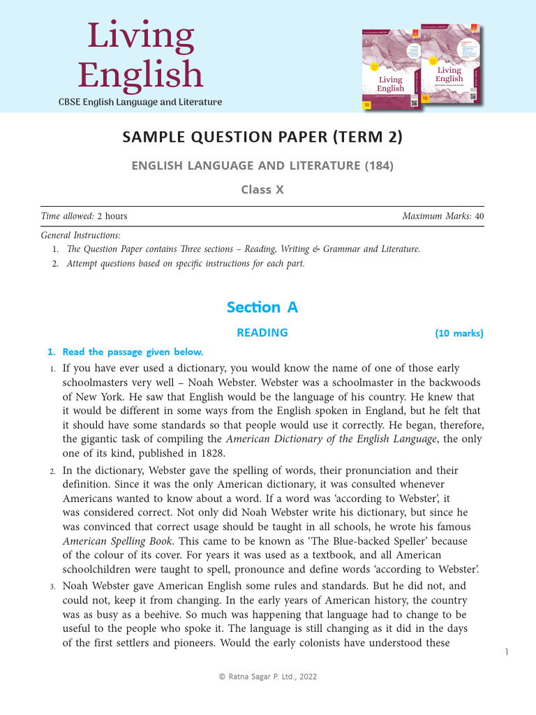 62062fceaf50f Living English 10 Sample Paper (Term 2) 2022 | PDF ...