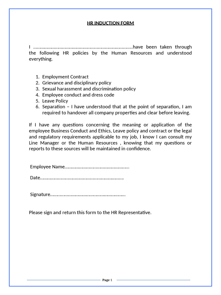 HR Induction Declaration Form | PDF