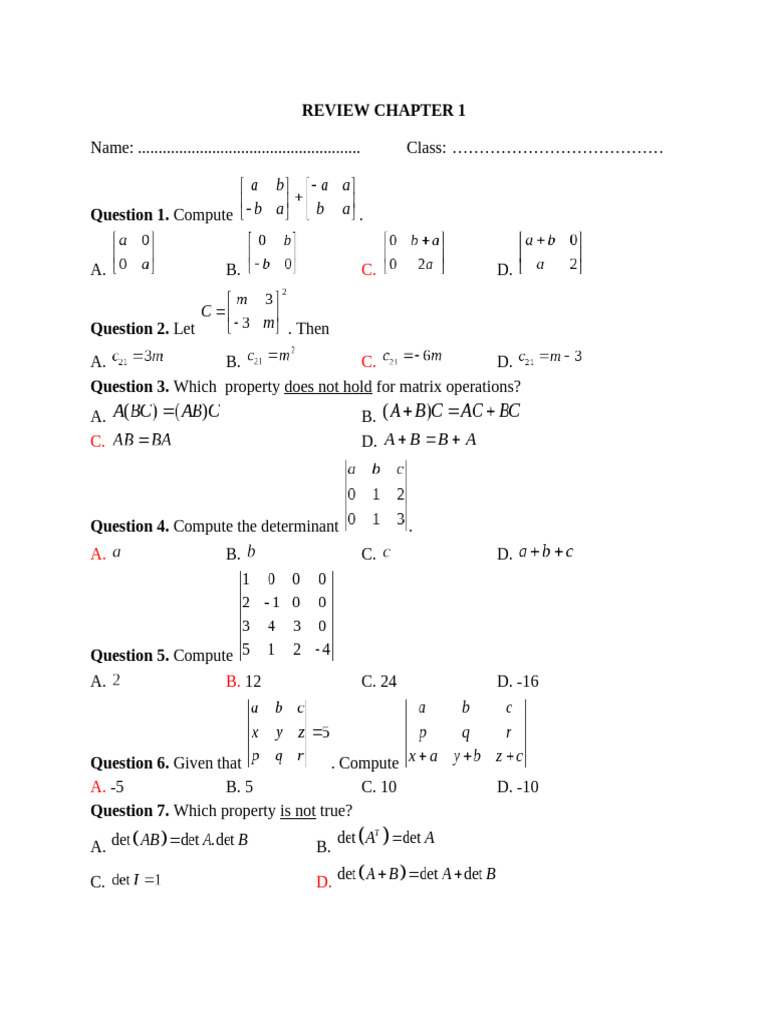 Chapter 1 Review Answer Key | PDF | Matrix (Mathematics) | Functions ...