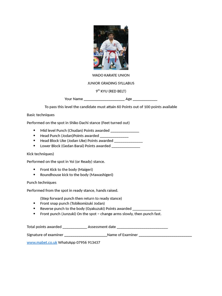 Red Belt Wado Karate Union Junior Grading Syllabus | PDF