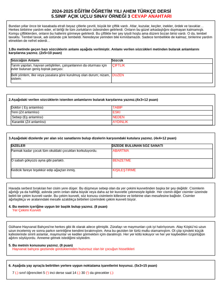 Ã Rnek 5.sinif Ahem Tã Rkã e Dersä° Aã Ik Uã Lu Sinav - Cevap Anahtari | PDF