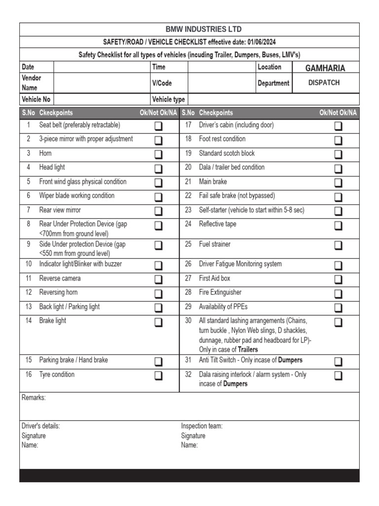 Vehicle Checklist | PDF | Trailer (Vehicle) | Wheeled Vehicles