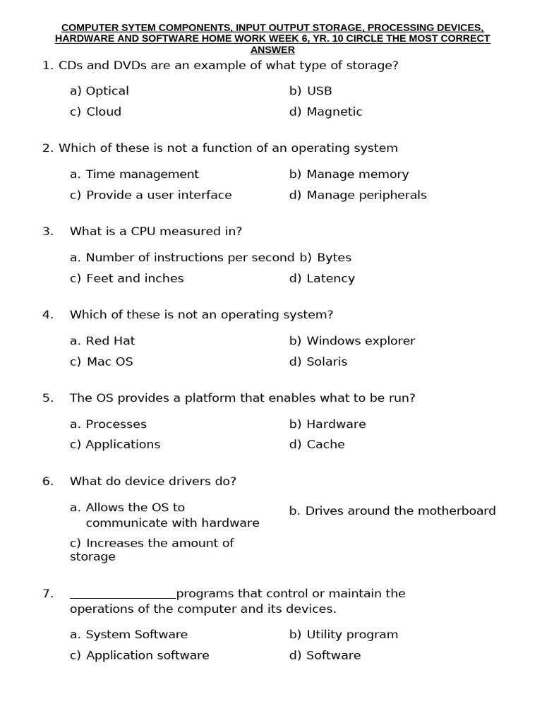 Week 6 Compter Componets Input Output Hardware and Software Homework Yr ...