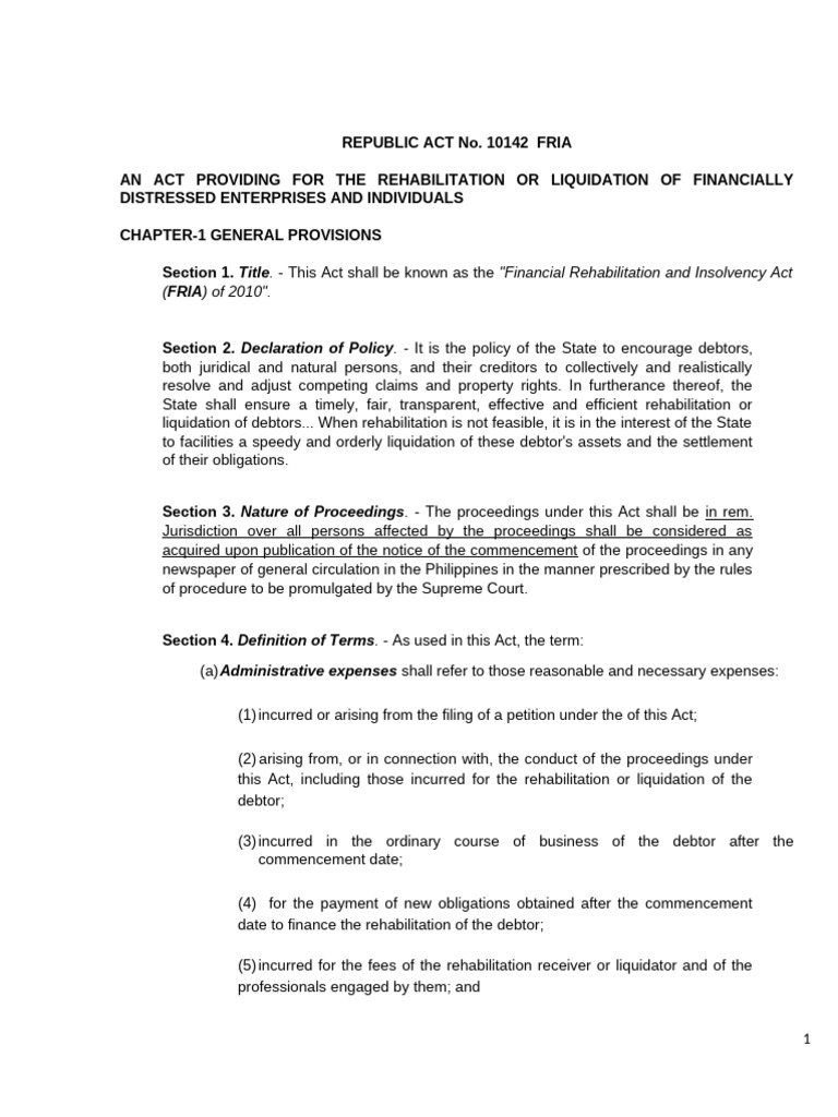 RA 10142 FRIA Complete | PDF | Bankruptcy | Receivership