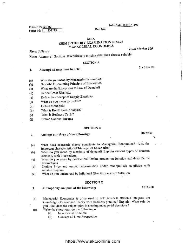 Mba 1 Sem Managerial Economics KMBN 102 2023 | PDF