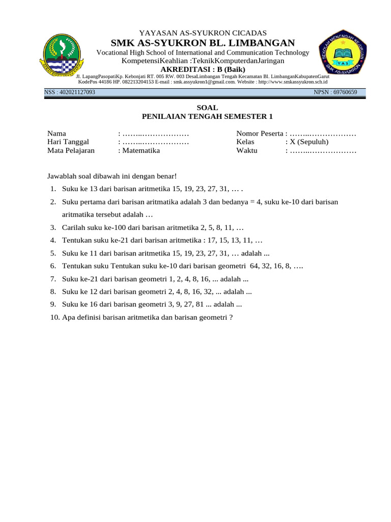 PTS MTK Kelas X SMK | PDF | Metode & Bahan Ajar