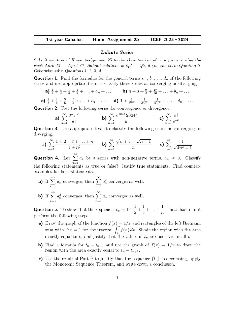 Infinite Series Convergence Assignment | PDF | Sequence | Analysis