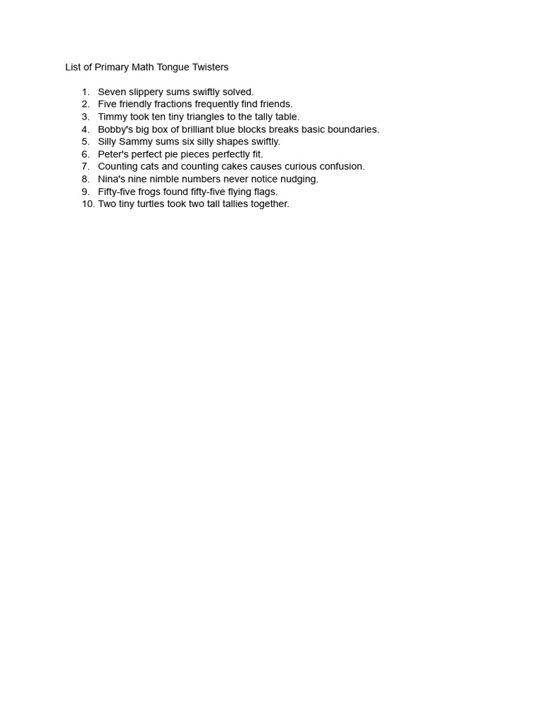 Engaging Math Tongue Twisters List | PDF