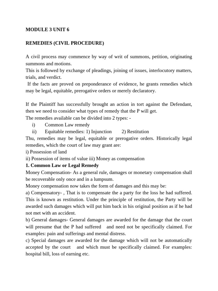 Civil Procedure Remedies Explained | PDF | Legal Remedy | Damages