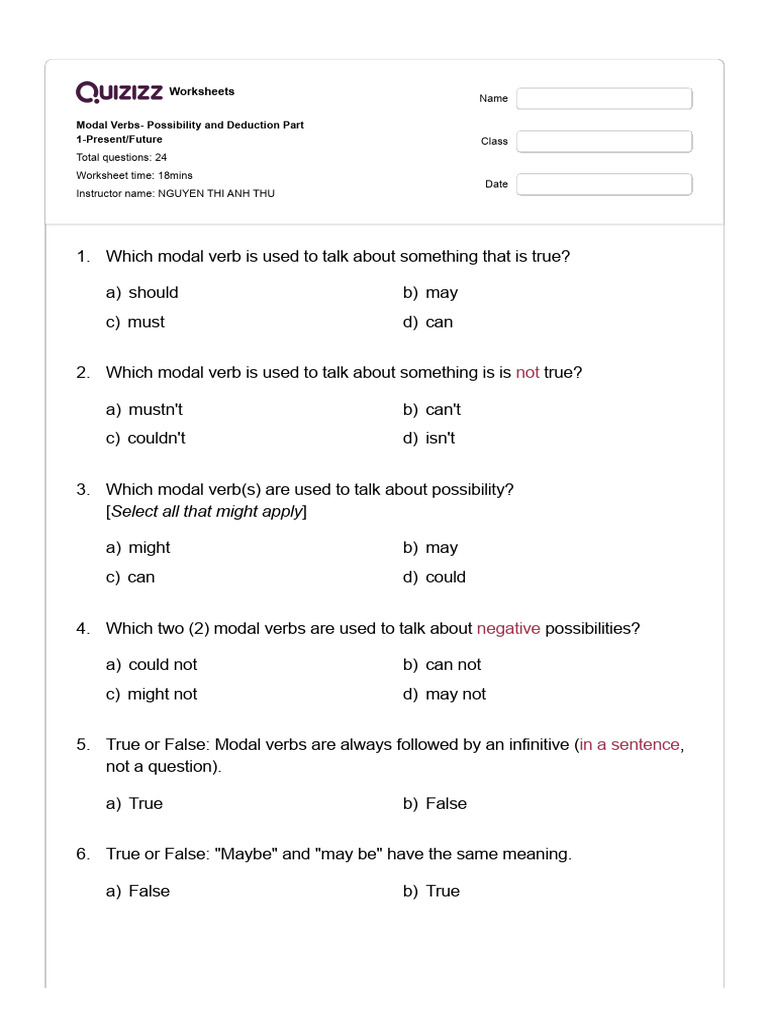Modal Verbs - Possibility and Deduction Part 1-Present - Future ...