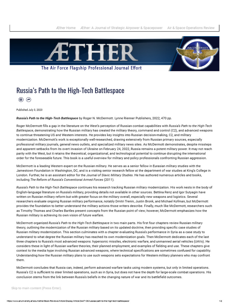Book Review - Russia's Path To The High-Tech Battlespace - Air University (AU) - Aether Platform ...