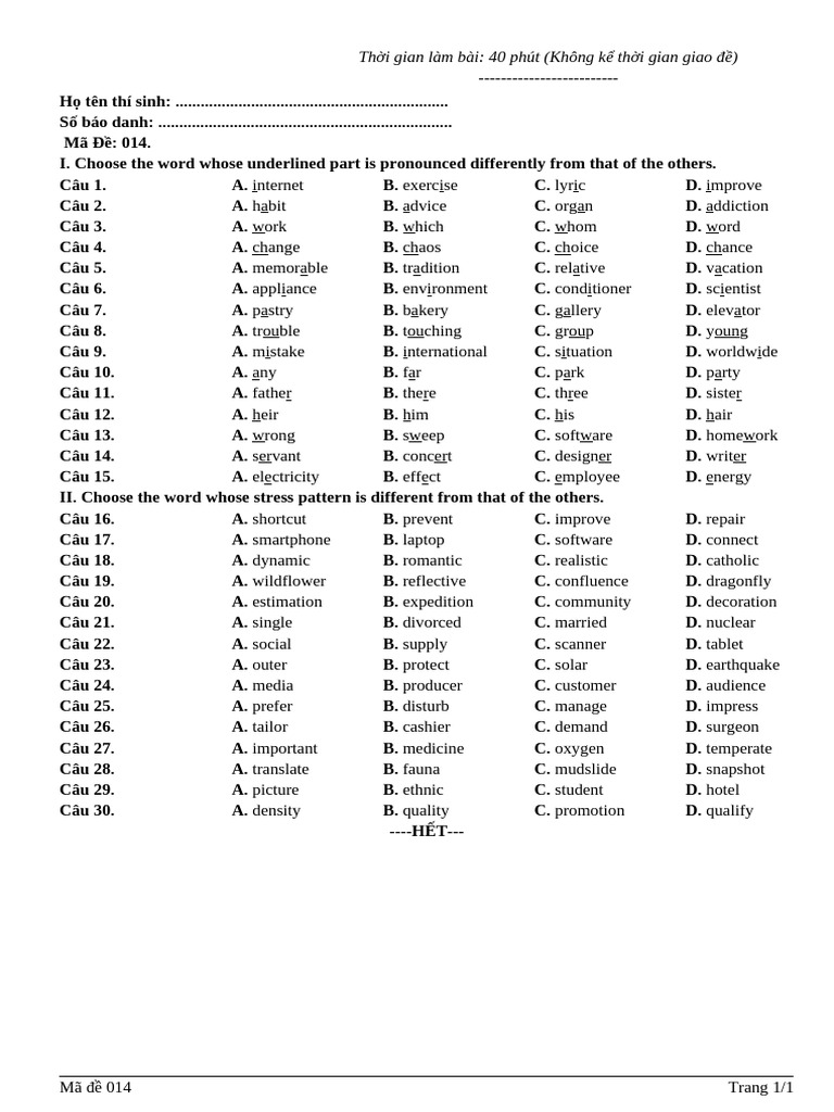 Pronunciation and Stress Test 014 | PDF