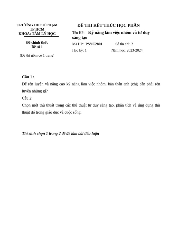 De Tieu Luan KLV TDST | PDF