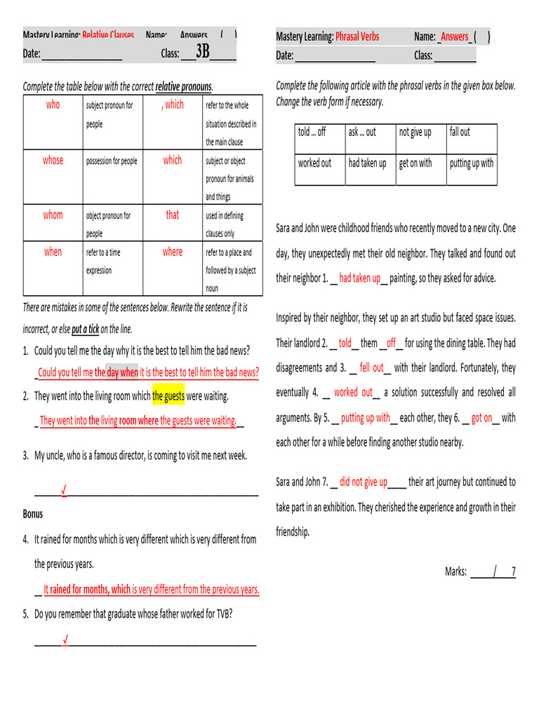 Mastery Learning Answers - 3B 2nd Term | PDF | Pronoun | Semantic Units