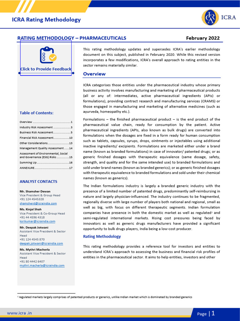 Pharmaceuticals, Rating Methodology, Feb 2022 | PDF | Generic Drug | Debt