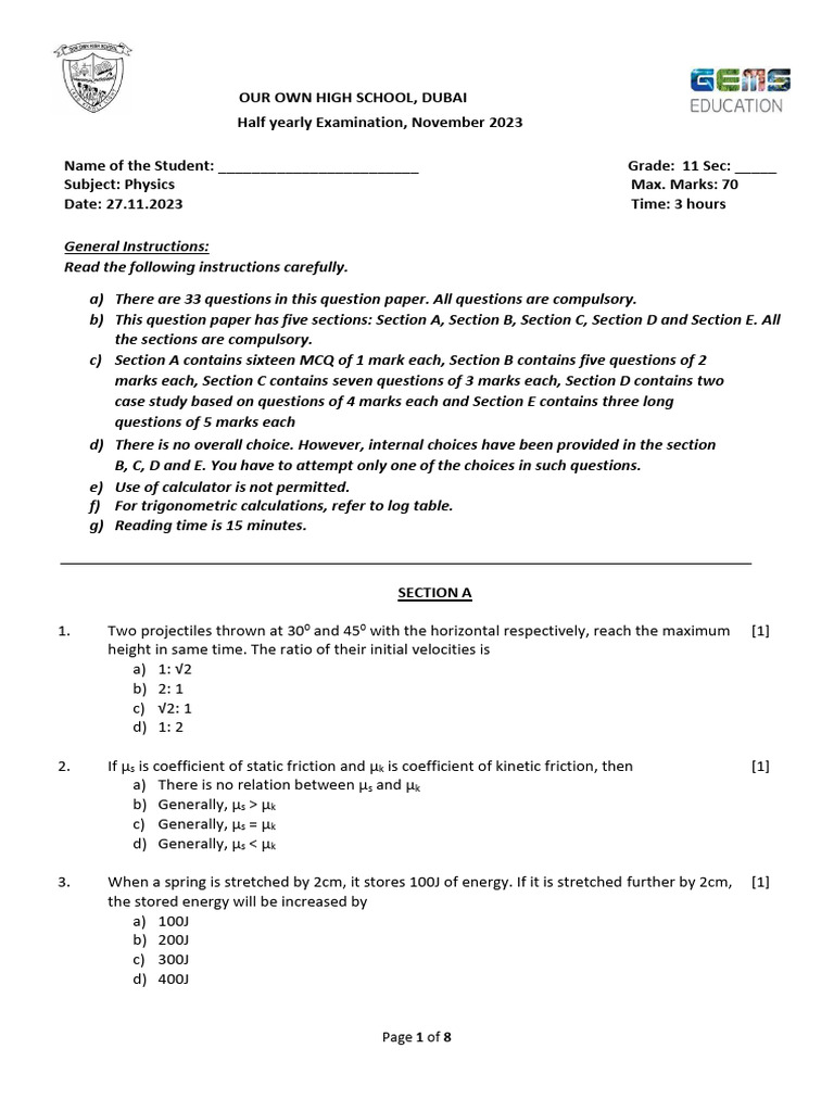 Grade 11 - Physics Practice Paper 1 | PDF | Angular Momentum | Force