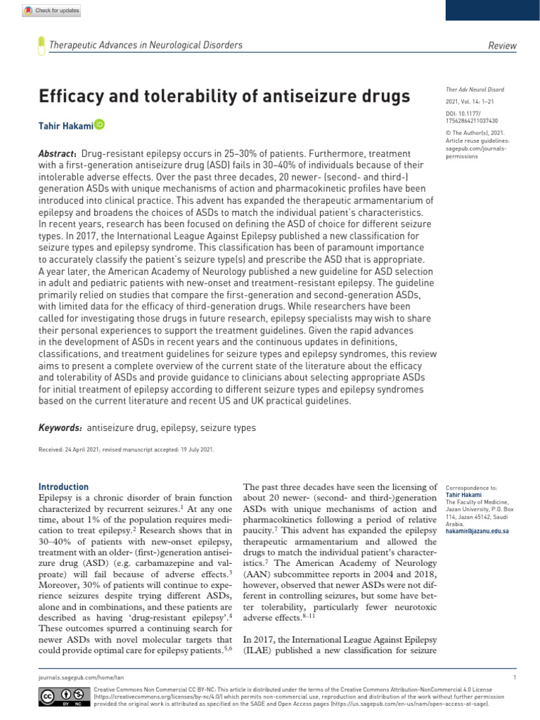Hakami 2021 Efficacy and Tolerability of Antiseizure Drugs | PDF | Epilepsy | Clinical Medicine