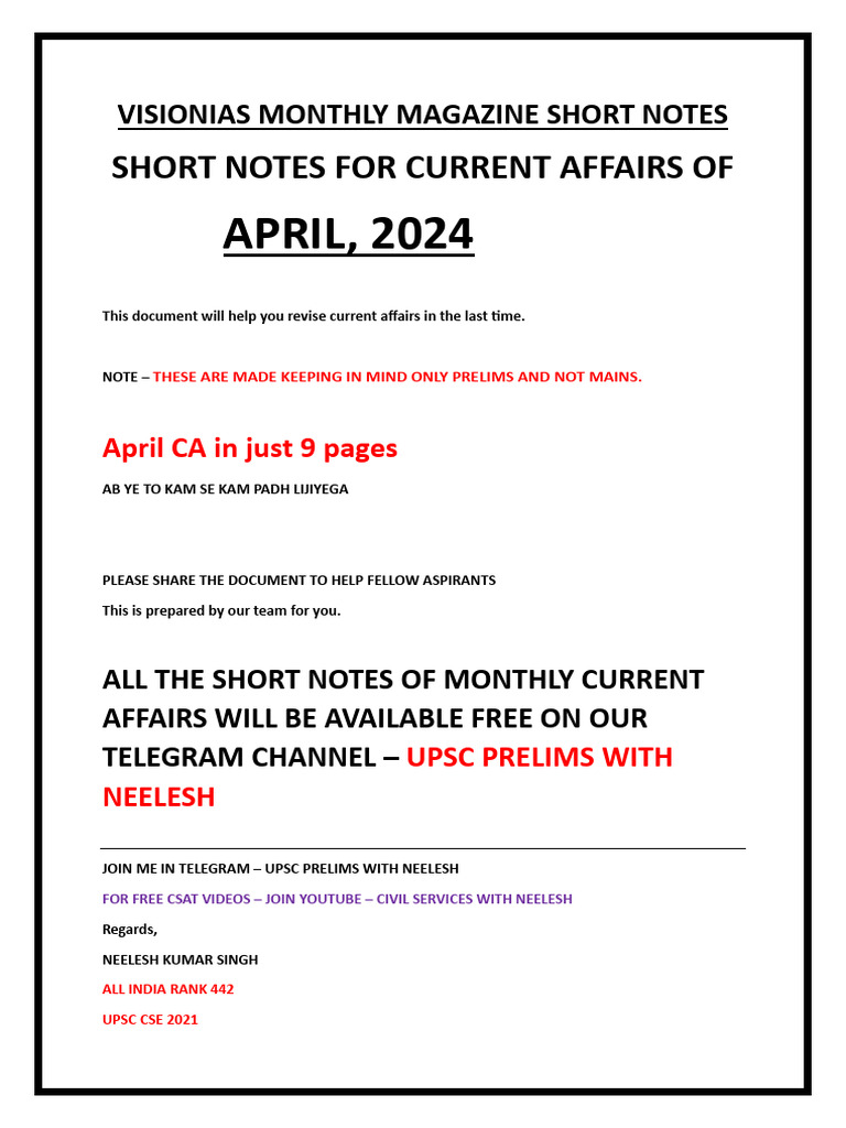 April 2024 Current Affairs Notes | PDF