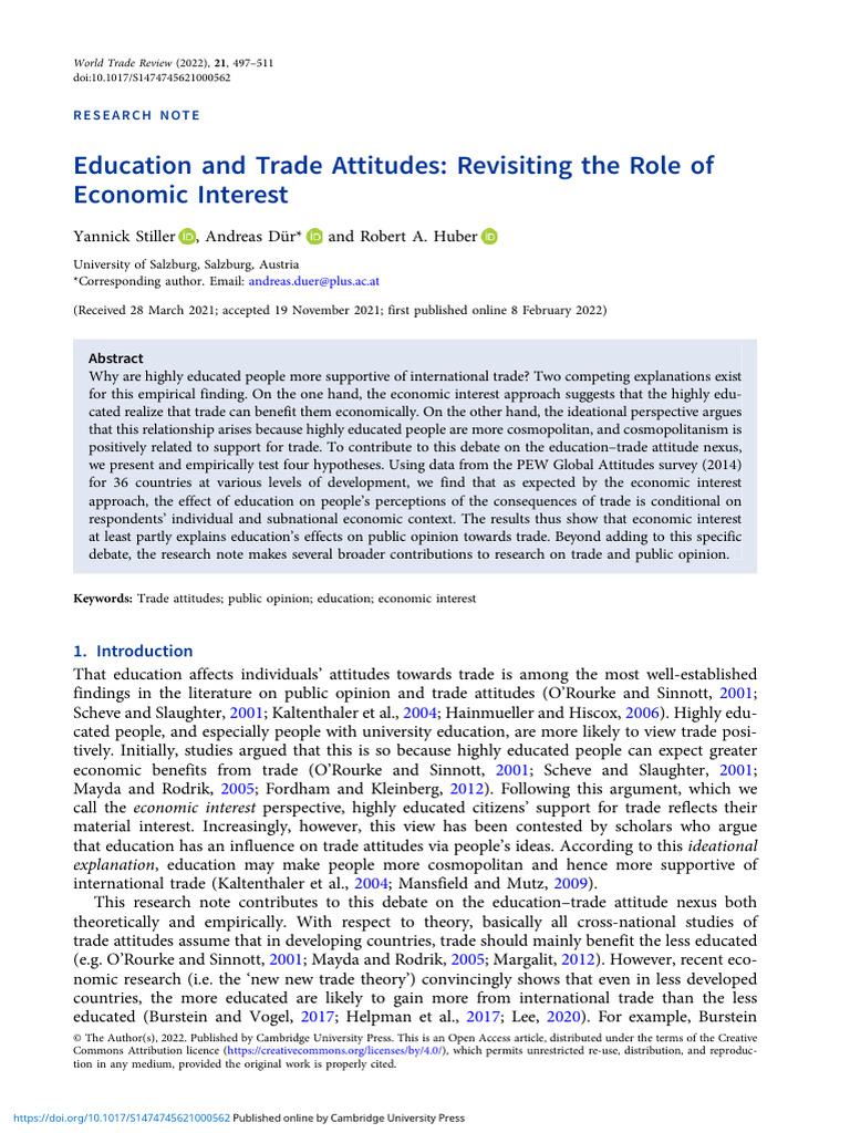 Education and Trade Attitudes Revisiting The Role of Economic Interest ...