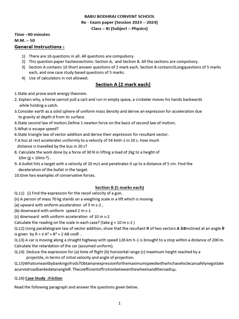 XI Physics re exam | PDF | Force | Acceleration