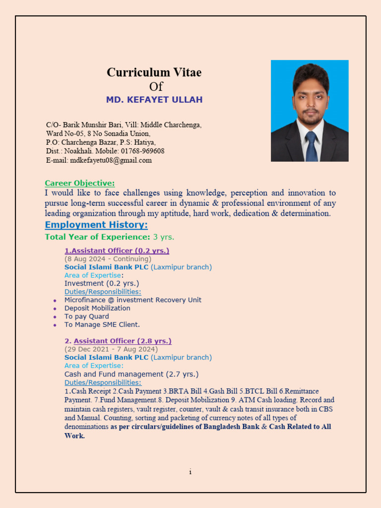 MD. Kefayet Ullah's Banking CV | PDF
