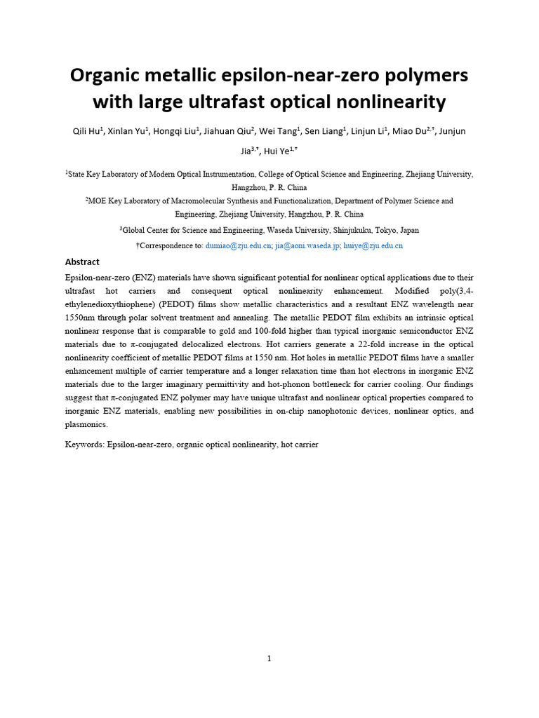 2022 - Hu Et Al. - Organic Metallic Epsilon-Near-Zero Polymers With Large Ultrafast Optical ...