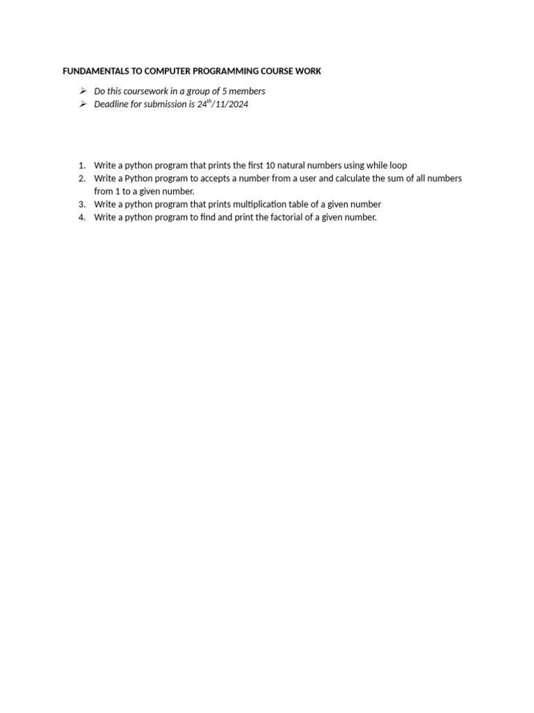 Fundamentals To Computer Programming Course Work Pdf Computers