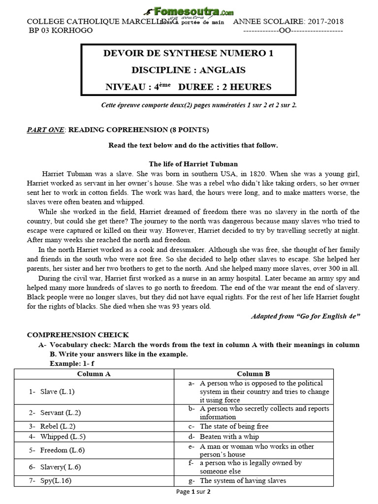 612b9a357649edevoir de Synthese D Anglais Niveau 4eme College C | PDF ...