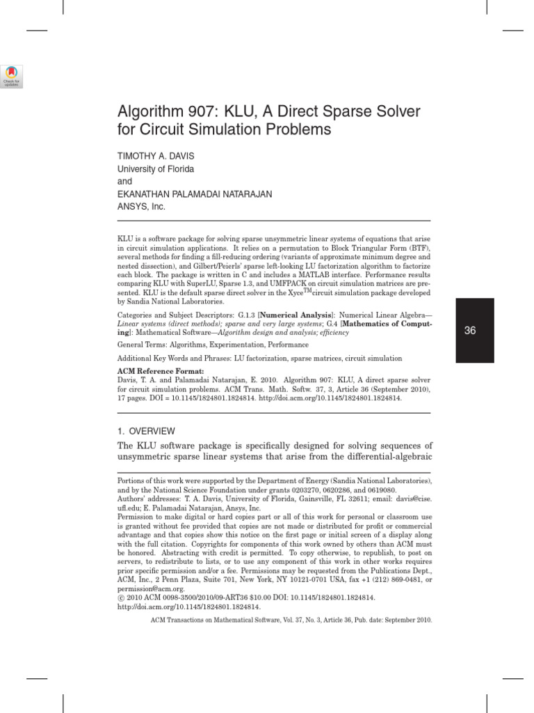 Algorithm 907: KLU, A Direct Sparse Solver For Circuit Simulation Problems | PDF | Matrix ...