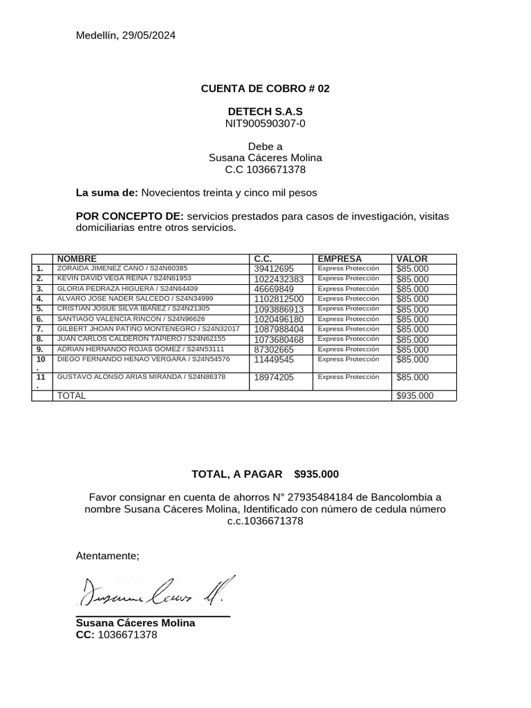 Formato Cuenta de Cobro Detech | PDF