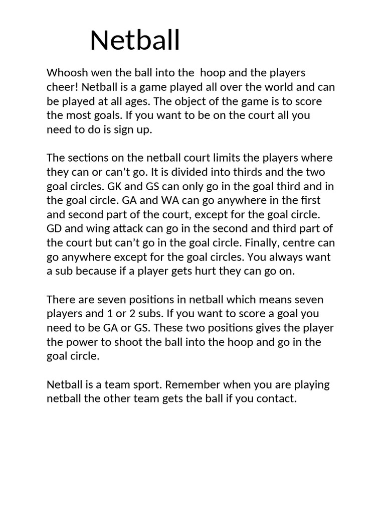 Netball Imformation Text | PDF | Sports & Recreation | Language Arts ...
