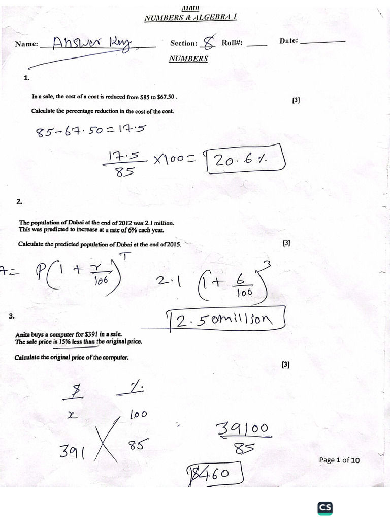Numbers & Algebra Answer Key | PDF