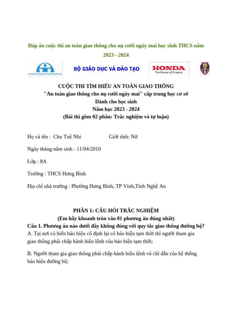 Bài dự thi cuộc thi ATGT cho nụ cười ngày mai học sinh THCS năm 2023 | PDF