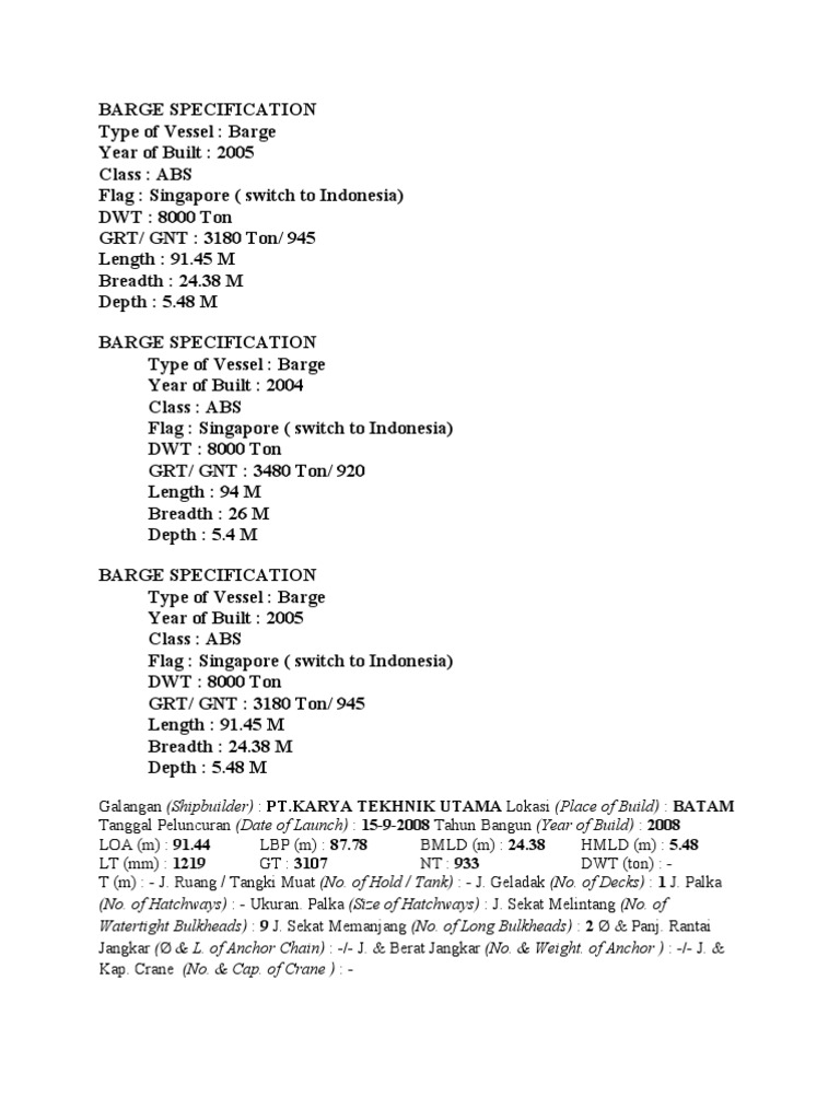 Barge Specifications and Dimensions | PDF