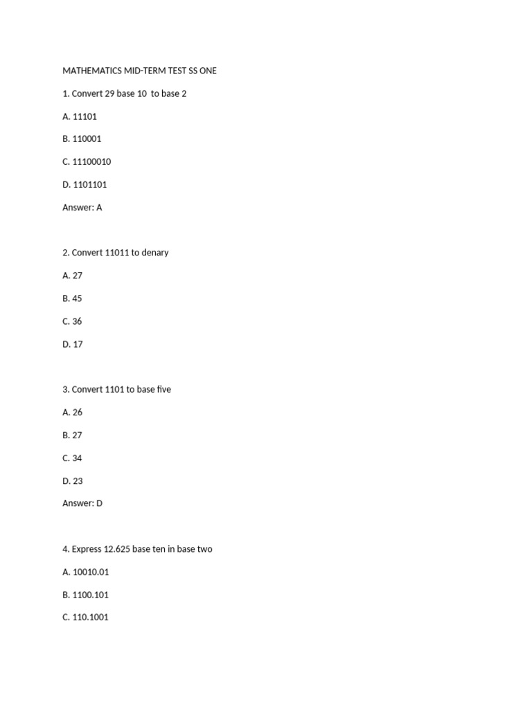 MATHEMATICS MID-TERM TEST SS ONE-WPS Office | PDF | Decimal | Mathematics