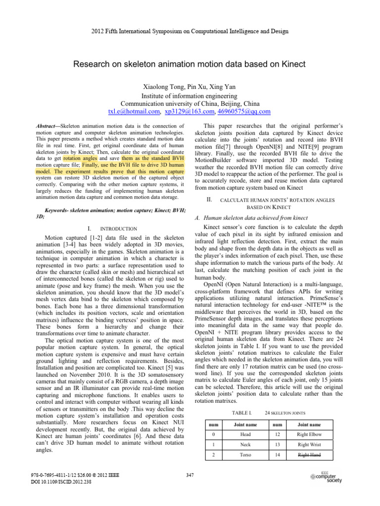 Research On Skeleton Animation Motion Data Based On Kinect | PDF | 3 D Computer Graphics