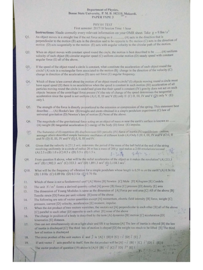 PHY101 Past Questions | PDF