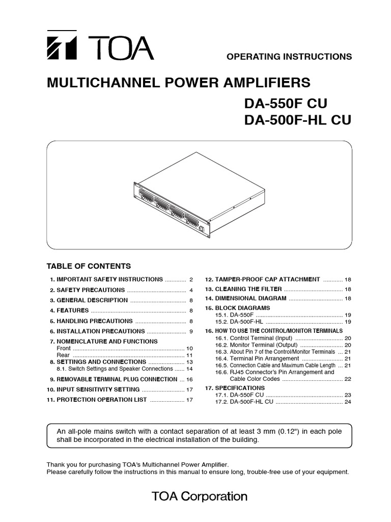 DA-550F Amplifier Operation Guide | PDF | Electrical Connector | Amplifier