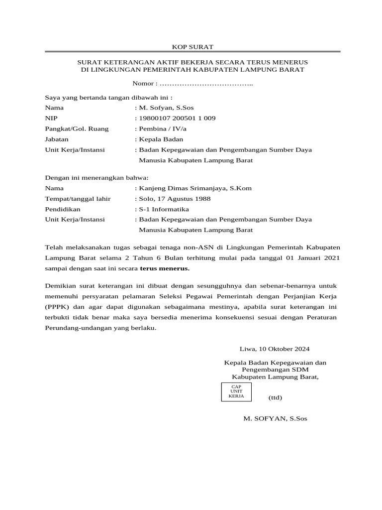 Contoh Surat Keterangan Aktif Bekerja Terus Menerus | PDF