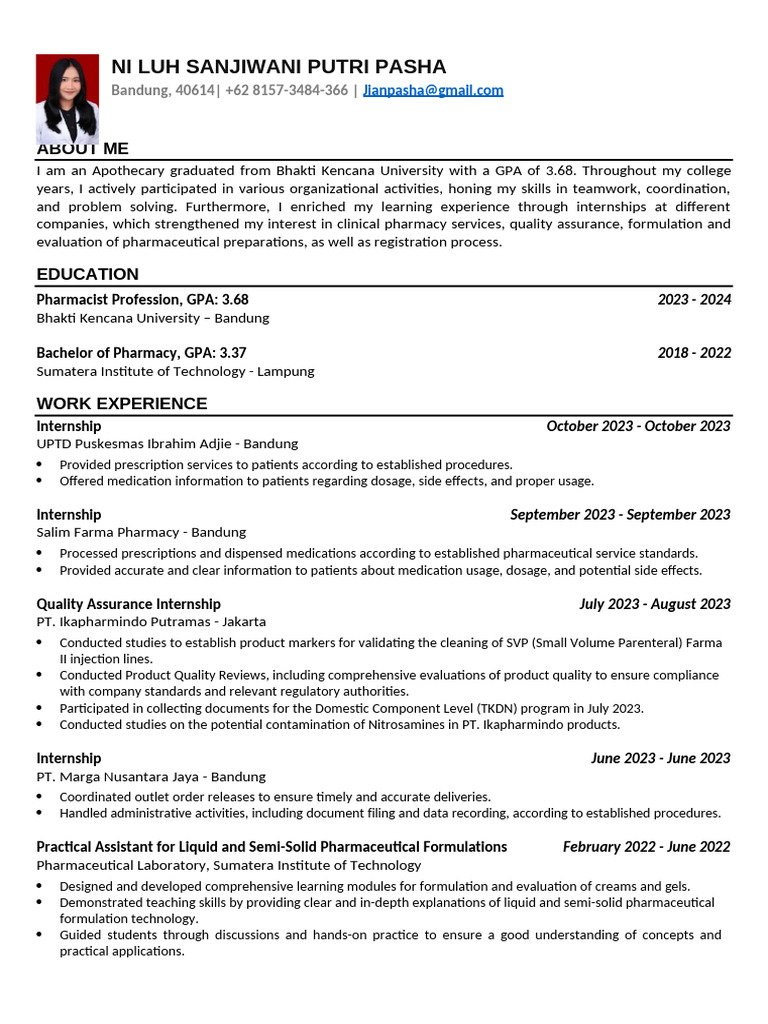 CV ATS - Ni Luh Sanjiwani Putri Pasha | PDF | Pharmacy | Pharmacist